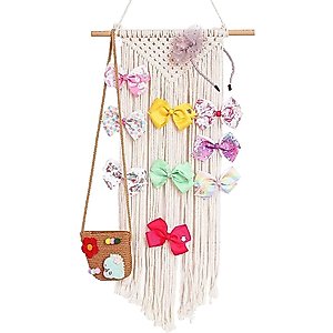 Habbi Macrame Hair Bow Holder Girl Clip Bow Organizer Wall Hanging Decor Hanging Hair Clips Hanger For Baby Girls Room