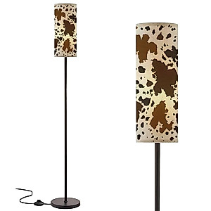 RZNTJHUINA Modern Standing Lamps Cow Leather Skin Brown Country Farmhouse Floor Lamp Rustic Metal Pole Lamp with Linen Lampshade for Bedroom Living Room Office Nursery Reading Foot Switch
