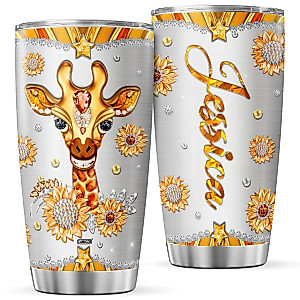 CUBICER Personalized Coffee Tumbler Giraffe Jewelry Style Custom Name Birthday Gifts For Women Girls Mom Grandma Kids Insulated Cup Travel Mug With Lid Cute Stainless Steel Cups
