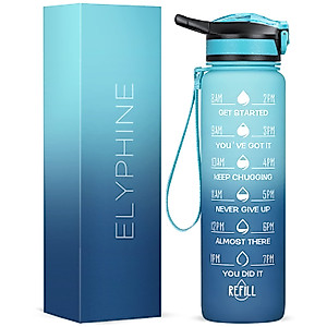 ELYPHINE 32/24 oz Water Bottles with Removable Straw & Time Marker, Motivational Sports Bottles with BPA Free Tritan Material, Leakproof Water Jug for Fitness