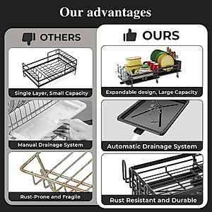 Famhap Large Dish Drying Rack - Extendable (22"-29" L) Dish Rack with Drainboard Set, Multifunctional Dish Rack for Kitchen Counter, Anti-Rust Drying Dish Rack with Cutlery & Cup Holders, Black