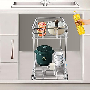 GDAE10 Heavy Duty Cabinet Pull Out Shelves, 2-Tier Pull Out Cabinet Organizer, Silver Slide Out Cabinet Organizer Storage for Home Kitchen