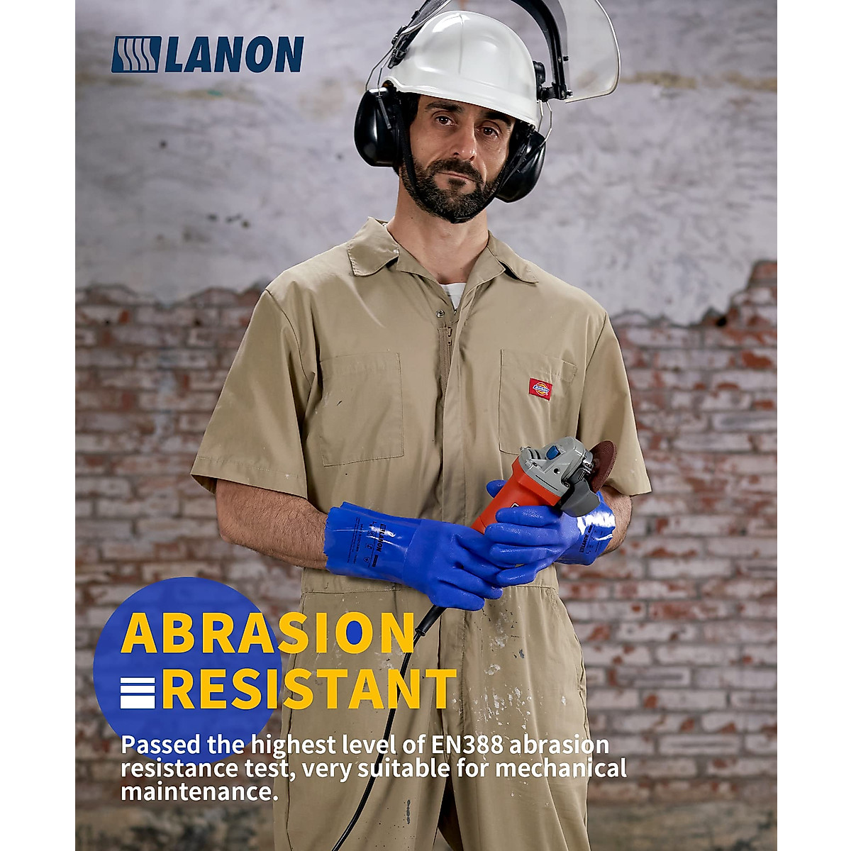 LANON PVC Chemical Resistant Gloves, Heavy-Duty Rubber Gloves, Acid, Alkali and Oil Protection, Non-Slip, Blue, Large