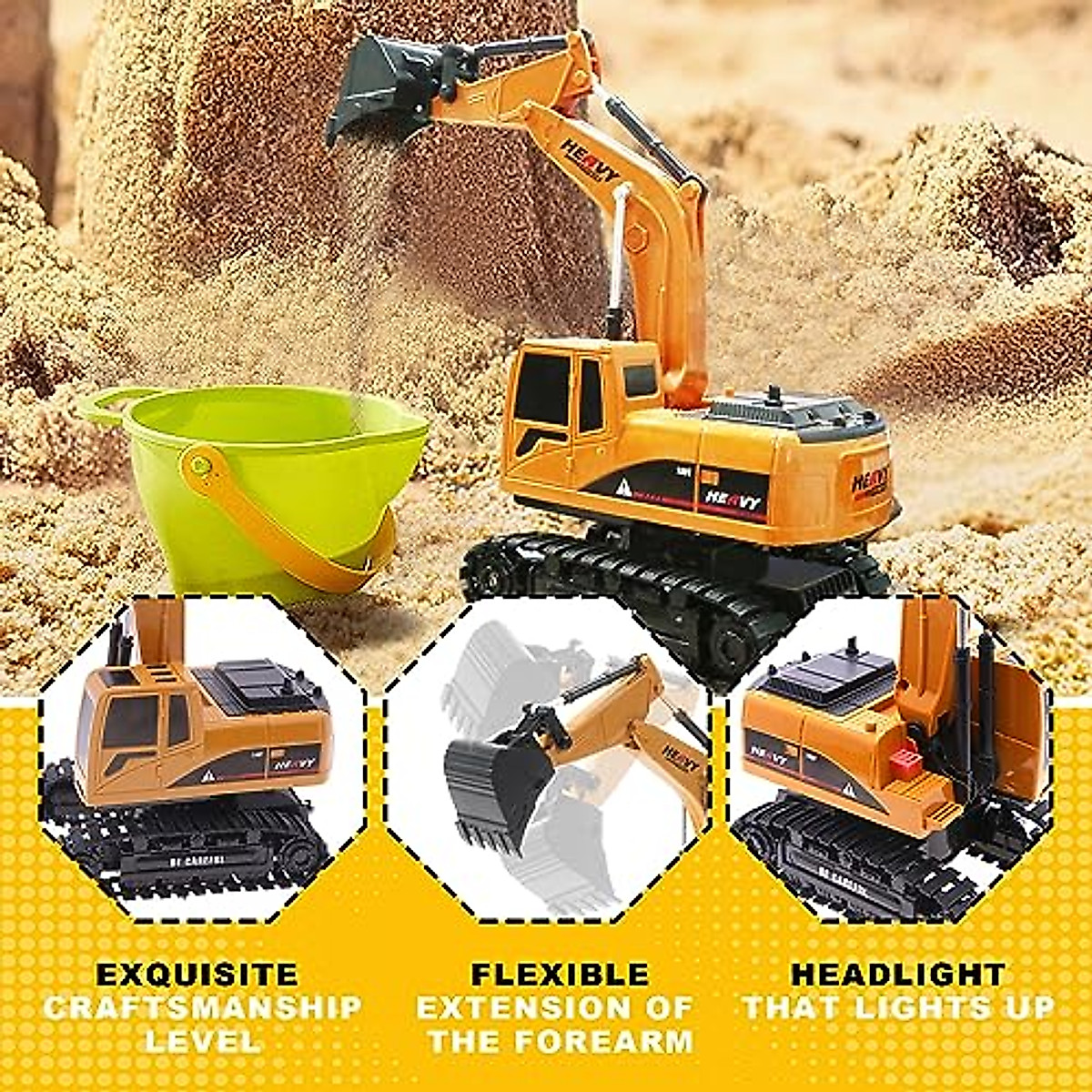 Construction Excavator - Toy Engineering Digger Truck, Remote Control Rechargable Hydraulic Car for 6 7 8 9 Year Old Boys Girls, Educational Birthday Gifts for Kids 3 4 5 Years Old
