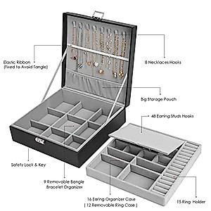 Jewelry Box, Jewelry Boxes for Women & Men with PU Leather, 2 Layer Large Jewelry Organizer Storage Case with Lock, for Necklace Bracelets Earrings Rings, Jewelry Organizer Box Ideal Gift, Black