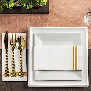 Disposable Linen-Feel Peper Napkins, Decorative White Guest Towels, 12" x 17" Gold Line Hand Napkins For Wdding, Party Or Event - Pack of 100