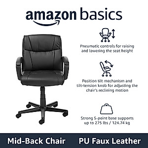 Amazon Basics Padded Office Desk Chair with Armrests, Adjustable Height/Tilt, 360-Degree Swivel, 275Lb Capacity - Black