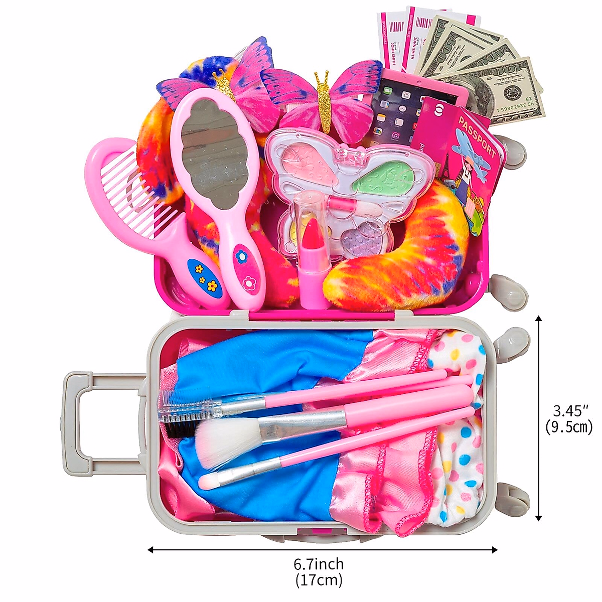 UZIDBTO American 18 Inch Doll Accessories - 18" Doll Clothes with Travel Suitcase and Pretend Makeup Kit for Kids Includes Luggage, Sunglasses, Phone, Hair Clip and Makeup Set