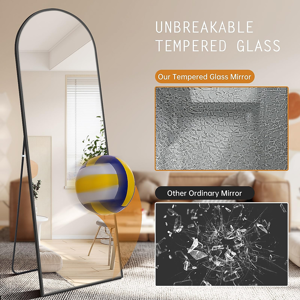 Mirror Full Length- Arched 64"x21"Full Length Mirror Shatter-Proof Glass,Standing Leaning Hanging Wall-Mounted,Black Floor Mirror,Aluminum Frame Modern Home Decor for Bedroom Living Room Cloakroom
