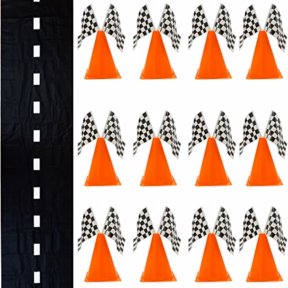 38 Pcs Set - 12 Traffic Cones With Hole on Top, 24 Checkered Flags, Racetrack Floor Runner - for For Race Car Birthday Party Supplies, Table Centerpiece Decorations for Kids by 4E's Novelty