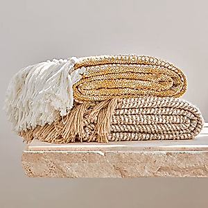 LA JOLIE MUSE Cotton Knit Throw Blanket 50 × 60 Inch -Cozy Turmeric Yellow and White Striped Woven Throw Blanket with Tassels for Couch Bedroom, Decorative Blanket Gift for Women