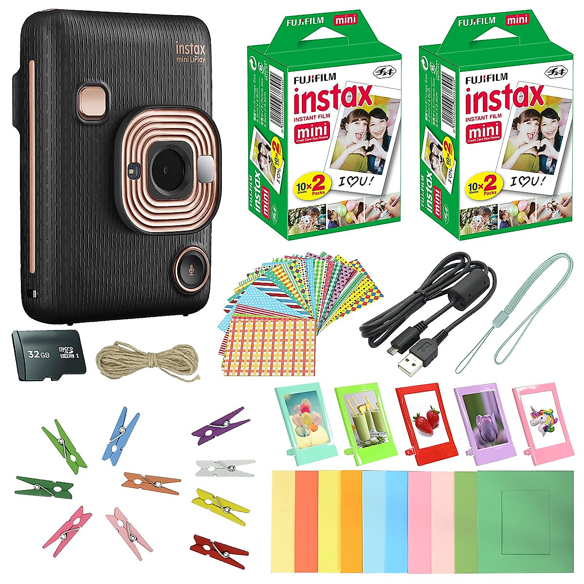 Fujifilm Instax Mini LiPlay Hybrid Instant Camera Elegant Black + Fuji Instax Film Value Pack (40 Sheets) 32GB Accessories Bundle 5 Plastic Desk Frames + 10 Paper Frames Plus 60 Sticker Frames