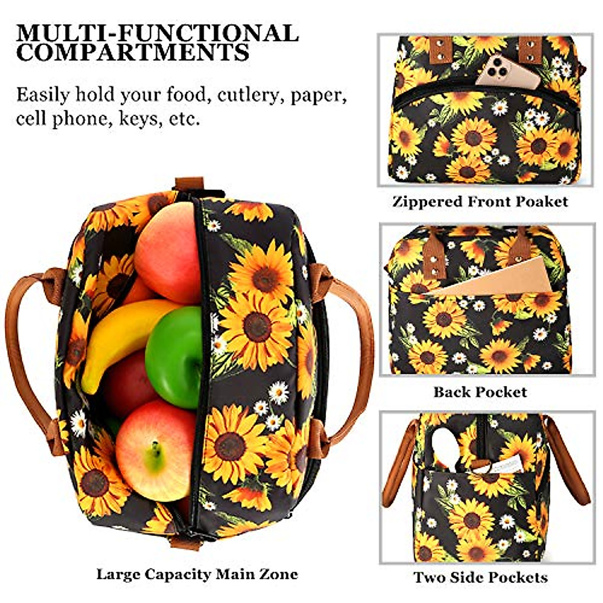 Insulated Lunch Bag Reusable Lunch Box Lunch Tote Bag Cooler Bag with Adjustable Shoulder Strap Food Storage Container Meal Prep Organizer for Women Men Adult Work Picnic - Sunflowers