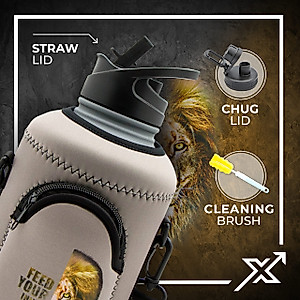 Hot/Cold Insulated Water Bottle - 2.0 Liter (64 oz) Stainless Steel Water Bottles with Sleeve, Carry Strap, Extra Lid, Straw, Cleaning Brushes - Over Half Gallon Large Metal Water Bottle Thermos Jug