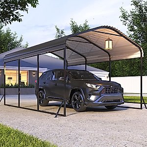 IWDOO 10x15 FT Metal Carport, Heavy Duty Carports Canopy with Enhanced Base, Galvanized Steel Roof and All-Metal Frame, Car Ports Kits for Outdoor, Garage Car Shelter Shade for Car, Truck and Boats