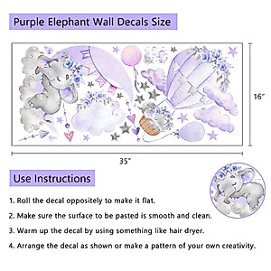 Yovkky Girls Purple Elephant Wall Decals Stickers, Moon Cloud Hot Air Balloon Flower Grey Stars Nursery Decor, Baby Shower Bedroom Decorations Toddler Kids Room Art Party Supply Gift