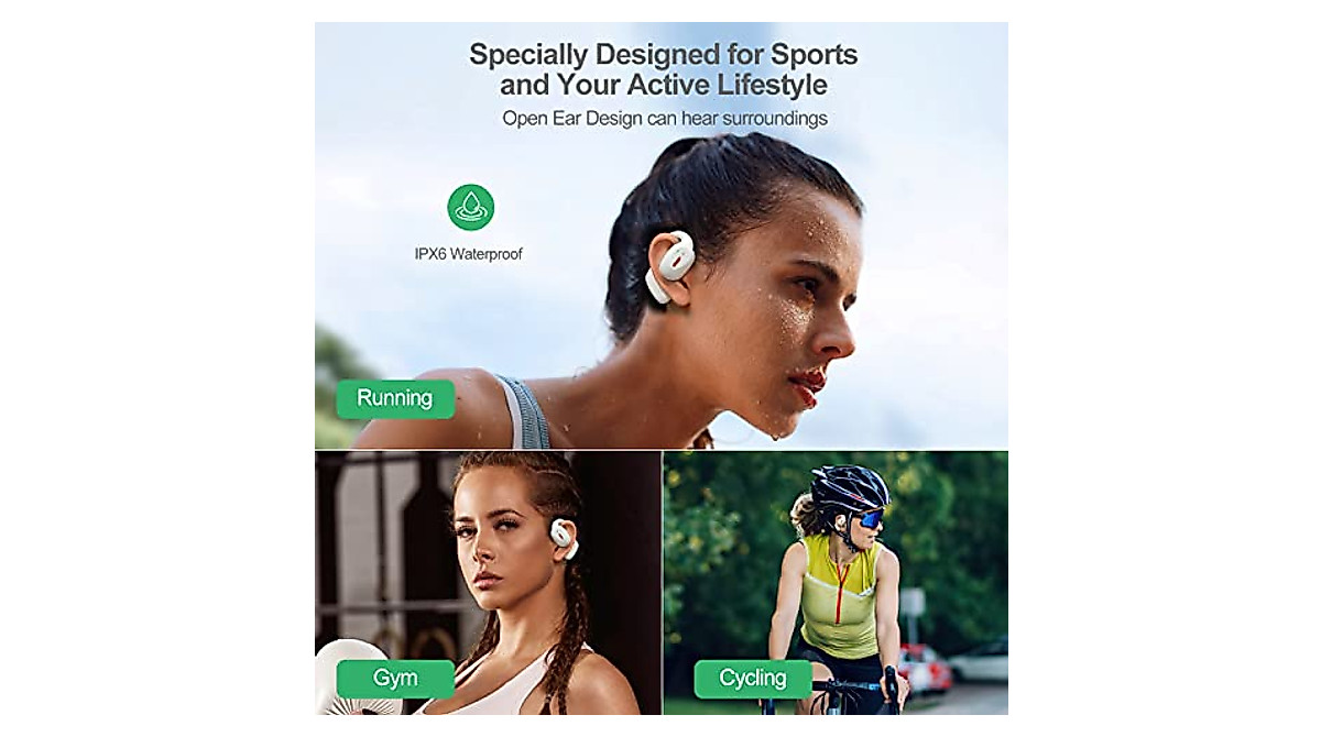 Qaekie Open Ear Headphones - 60H Playtime & Waterproof