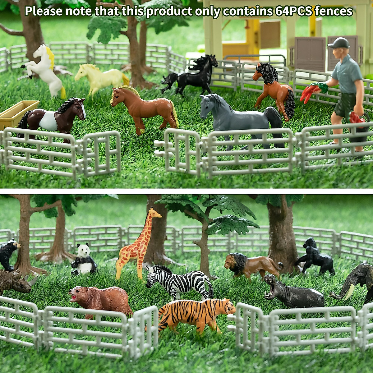 Toymany 64PCS Mini Toys Fence for Farm Animals - Tiny Horse Corral Plastic Fencing for Farm Barn Paddock Horses Figurines for Kids Toddlers