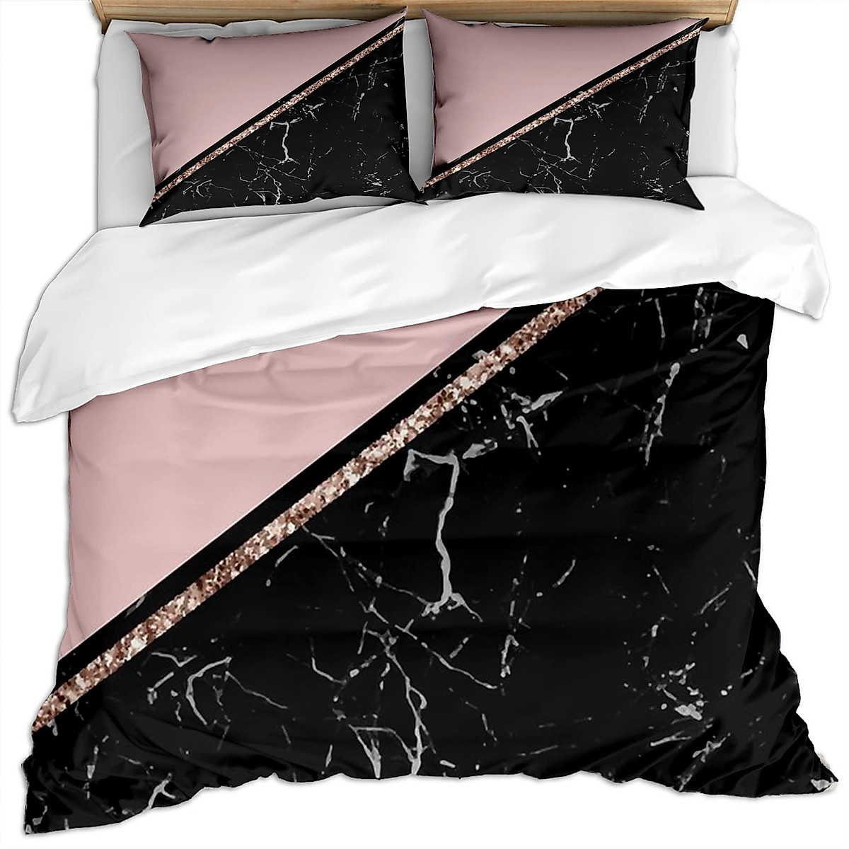Pink Light Luxury Duvet Cover Set, Black Marble Pattern Printed Bedding Set, Bedding Microfiber Soft and Breathable with Zipper Lacing, Suitable for All Seasons-90 X 90" +2 Pillow Shams