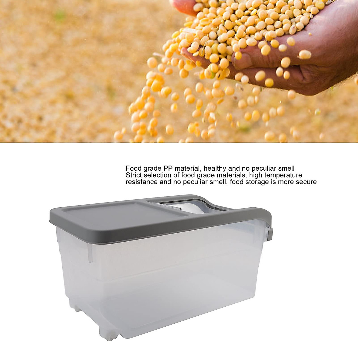 CHICIRIS Rice Storage Container, 22 pounds Transparent Rice Bin Cereal Dispenser Airtight Grain Holder with Measuring Cup and Wheels for Organization, 15.2 x 7.2 x 8.3 (Grey)