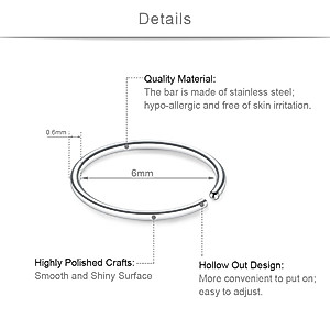 SCERRING 12PCS 22G Stainless Steel Fake Nose Septum Hoop Rings Lip Helix Cartilage Tragus Ear Ring Piercing 6mm - Silver