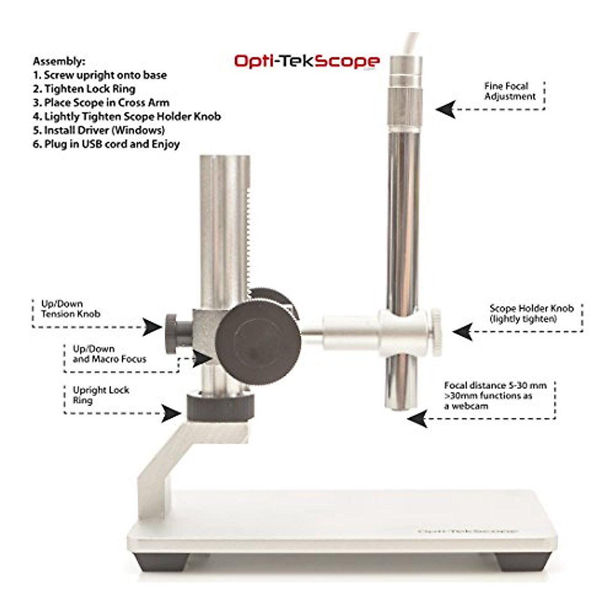 Opti-Tekscope Digital USB Microscope Camera- Advanced CMOS Sensor, True High Definition Macro 200x Zoom Imaging –1600 x 1200, Video, Superior Industrial Quality Base, 8 LED, Windows Mac Linux