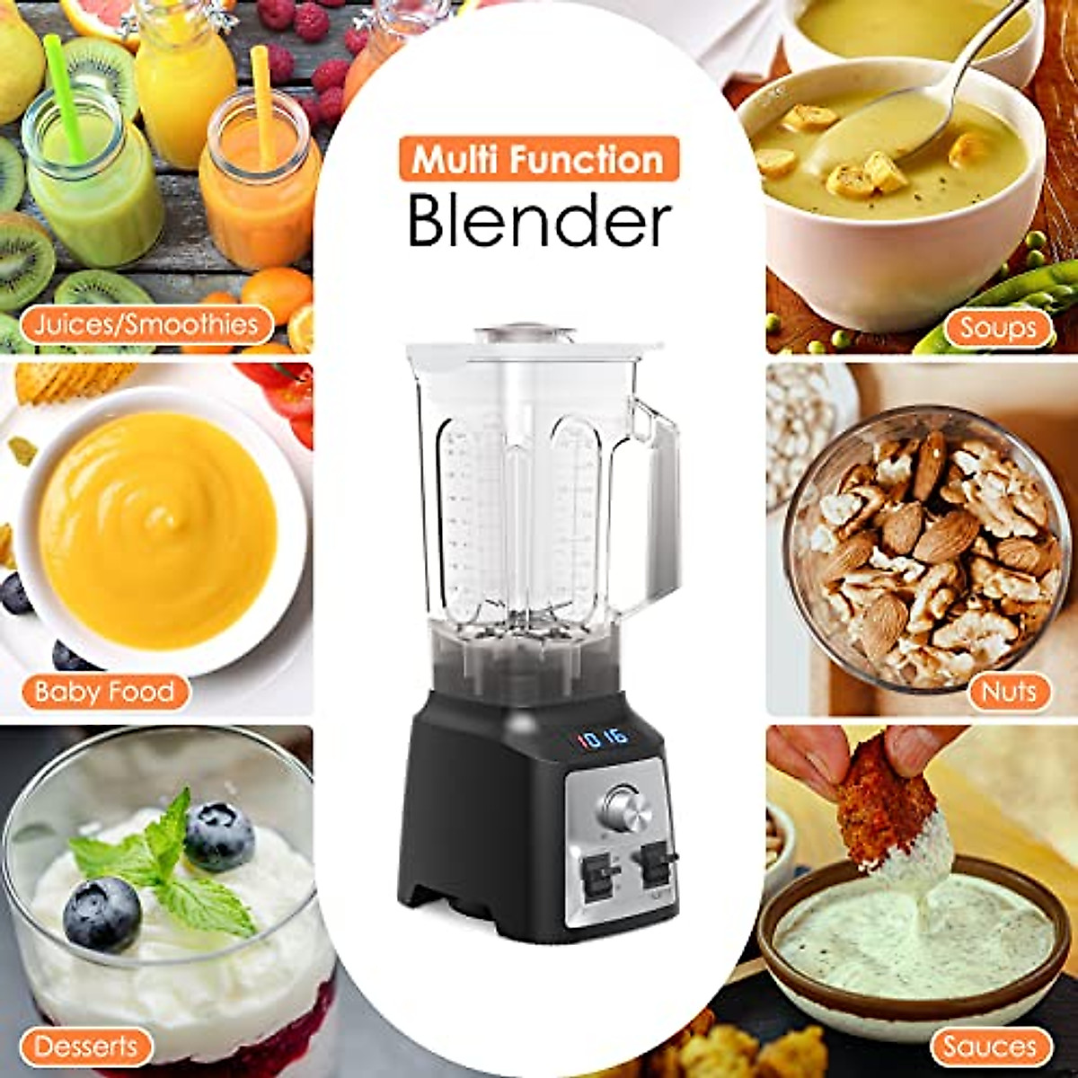 Enfmay Smoothie Blender Maker, 1450W Powerful Blender for Kitchen with 2L BPA-Free Tritan Container, 6 Stainless Steel Blades and Stepless Speeds, Kitchen Blender for Shakes/Smoothies/Ice/Soup/Nut, Silver