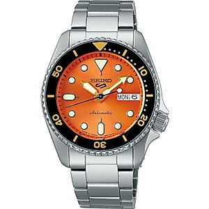 SEIKO Men's Pumpkin Orange Satin Dial Silver Stainless Steel Band 5 Sports Automatic Analog Watch