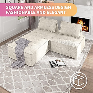 Mixoy Modular Sectional Sofa, Variable 3 Seater Sofa Couch with Oversized Soft Seat, Free Combination Armless Sectional Sofa Couch for Living Room, Bedroom (Beige, 3PCS)