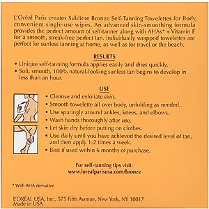 L'Oreal Paris Sublime Bronze Self Tanning Towelettes, Streak-Free, Natural Looking Tan, 6 ct