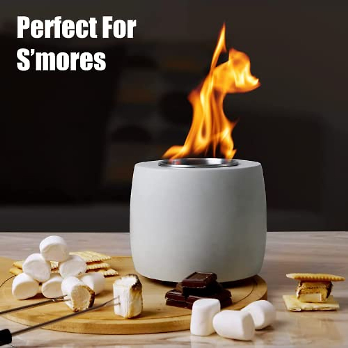 OLIVITTE - Tabletop Fire Pit, White Concrete Portable Marshmallow Roaster