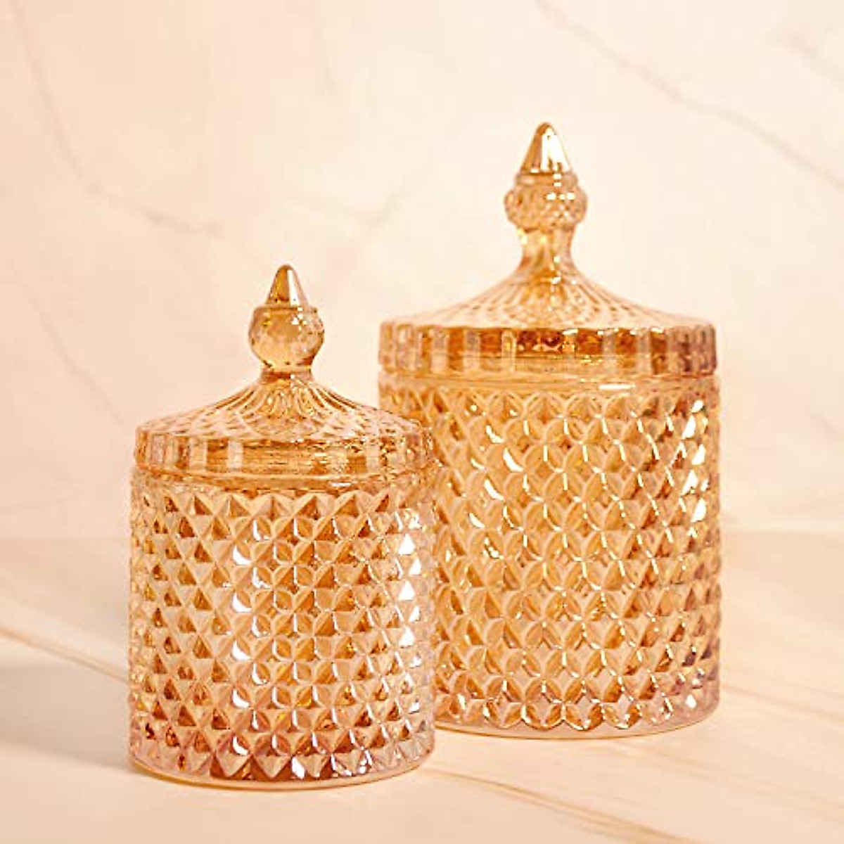 R FLORY 10+24 oz Glass Jars Set of 2 Bathroom Canisters Storage Organizer Cute Qtip Holder Vanity Canister with Lid Cotton Swabs Storage (Amber)