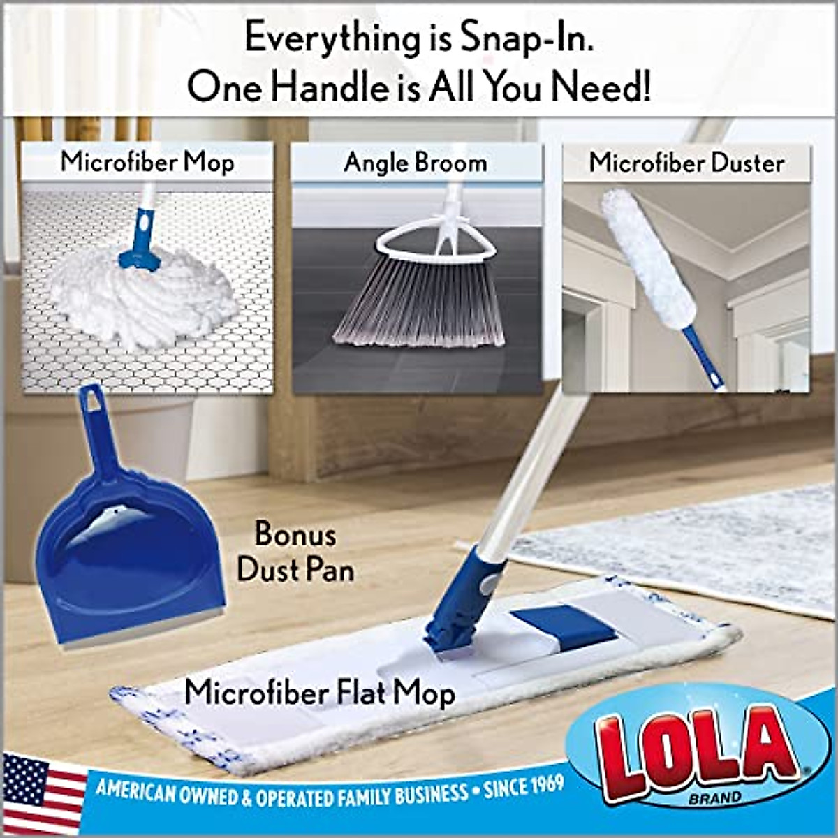 Lola Products 7-in-1 Cleaning Kit & Storage System | SPACE SAVER | 3 Mops, 1 Broom, 1 Dustpan, 1 Storage Rack & 1 Handle | Cleans Dirt, Dust, & Pet Hair | Wall Mount Holder, Floor Cleaner, & Dusting