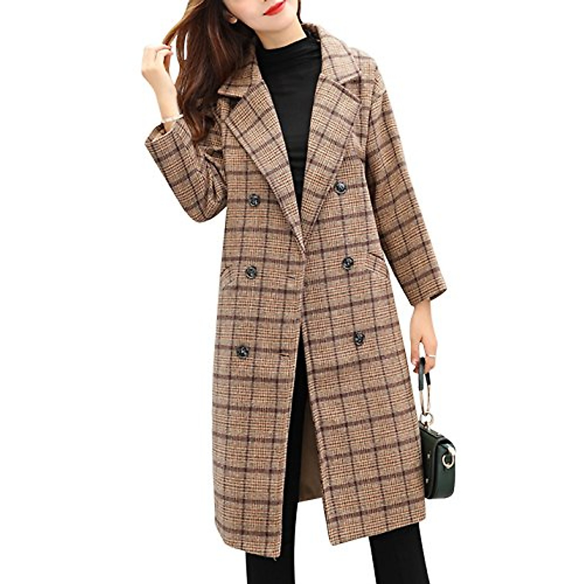 Tanming Women's Double Breasted Long Plaid Wool Blend Pea Coat Outerwear (Brown-M)