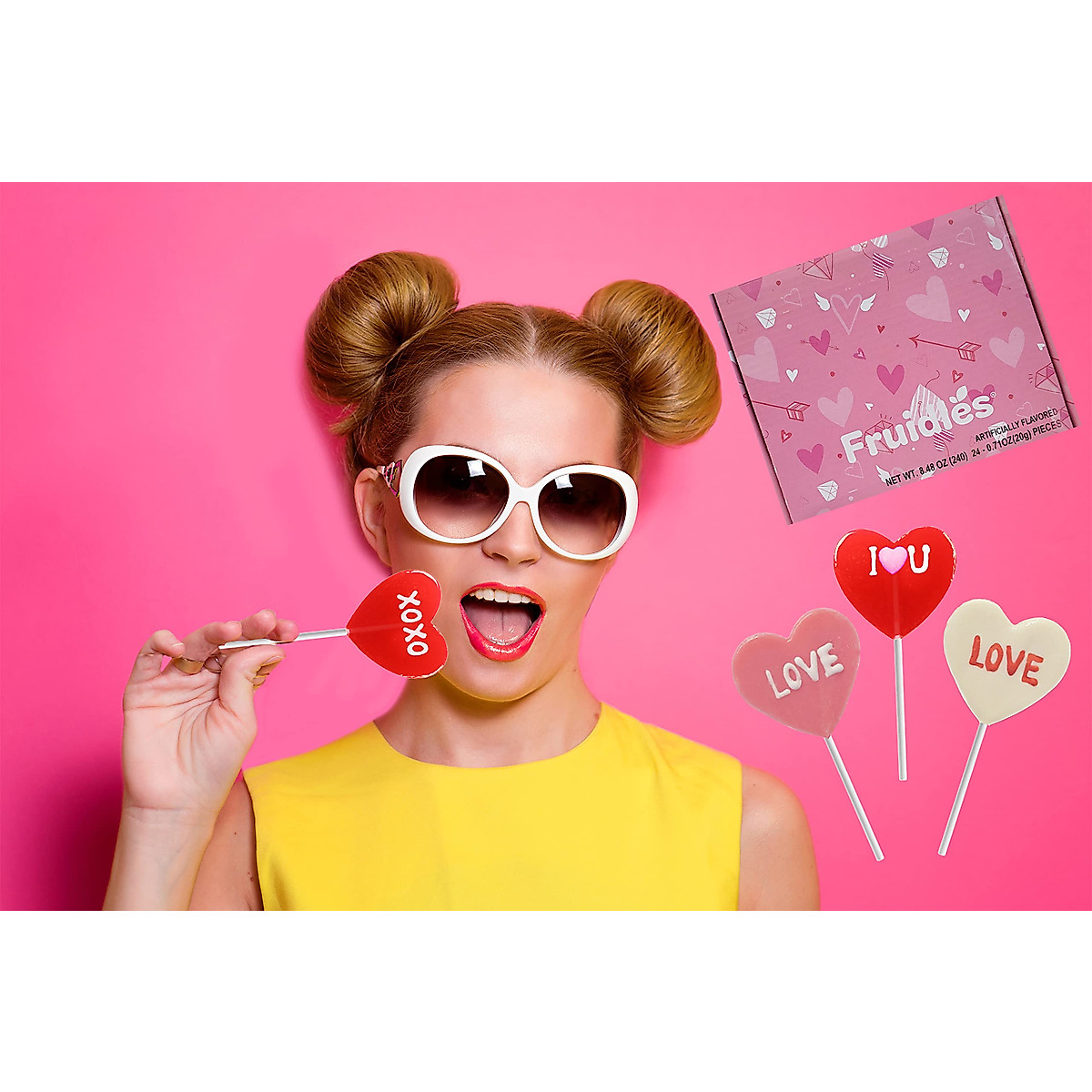 Fruidles Valentine's Day Lollipop Sucker, Red Lips, Be Mine & Love You Heart Suckers, Individually Wrapped (24-Pack)