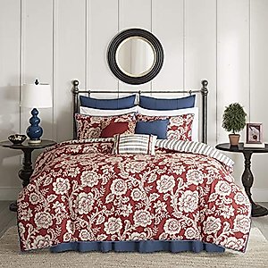 Madison Park Cotton Comforter Set - Modern Cottage Design All Season Down Alternative Reversible Bedding, Matching Shams, Bedskirt, Decorative Pillows, King (104 in x 92 in) Red 9 Piece