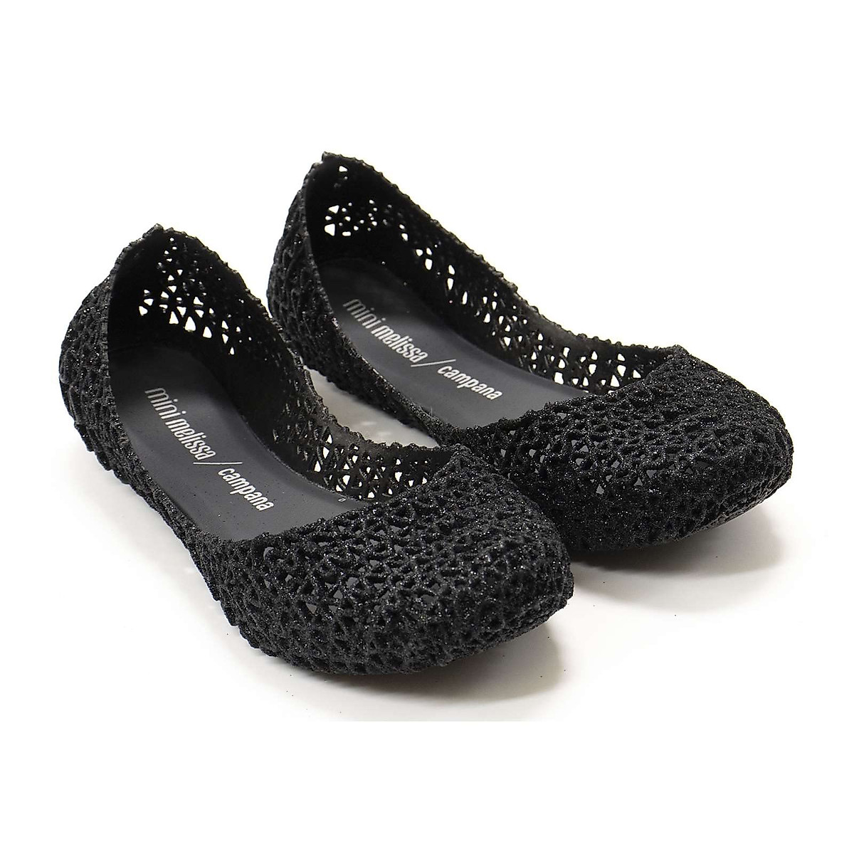 mini melissa Campana Papel Flats for Kids - Comfortable & Cute Closed-Toe Jelly Flat Shoes with Interwoven Cut-Out Design for Girls, Black Glitter, 13