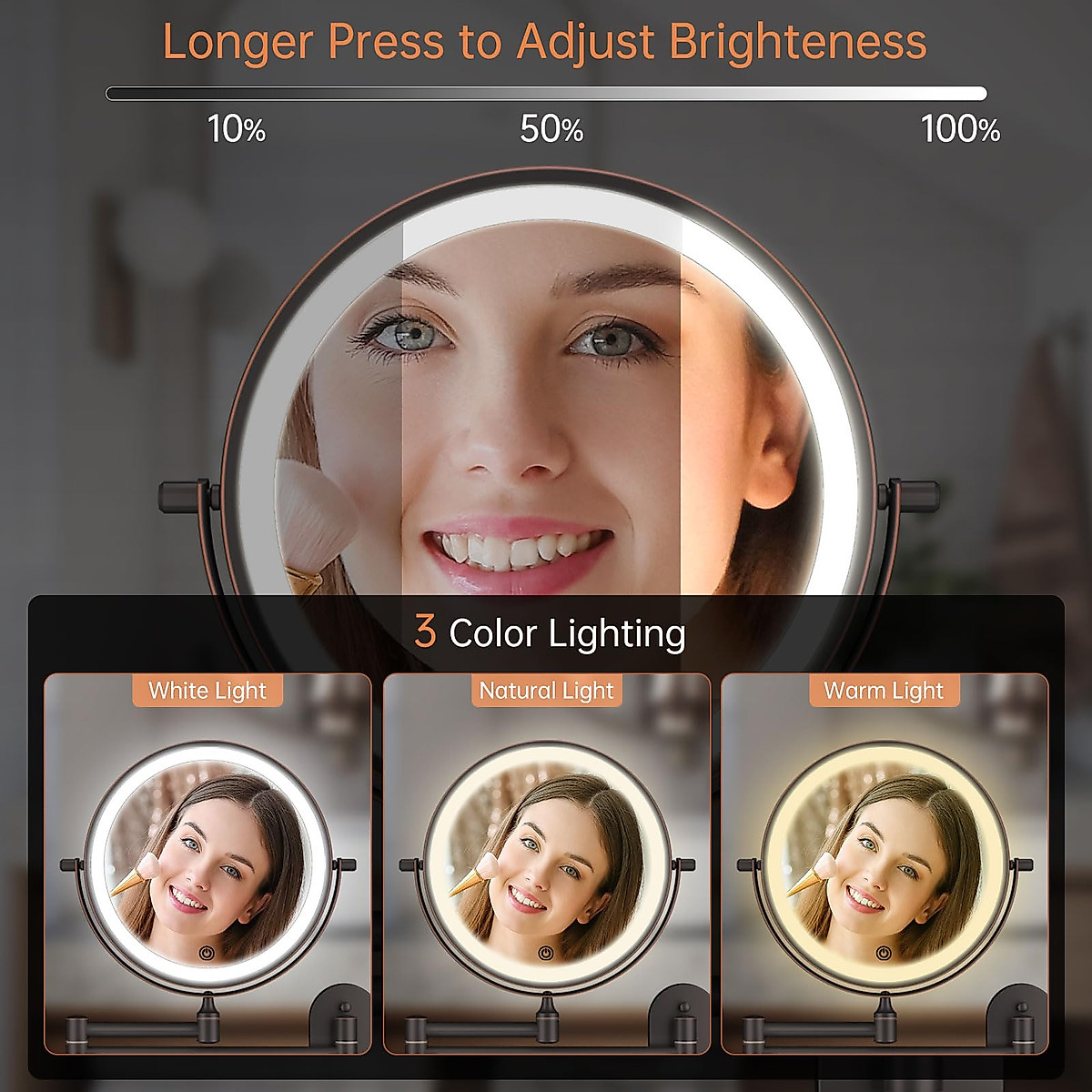 Rechargeable Wall Mounted Lighted Makeup Vanity Mirror 8 Inch Double Sided 1X 10X Magnifying Bathroom Mirror, 3 Color Lighting, Touch Dimming, Extended Arm 360 Rotation Light up Mirror Antique Bronze