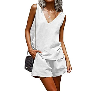 HOTOUCH Womens 2 Piece Coordinated_Outfit Lounge Sets Sleeveless Tank And Shorts Summer Tracksuit with Pockets White, XX-Large