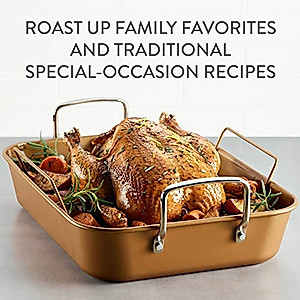 Ayesha Curry Nonstick Roaster / Roasting Pan with Rack - 11 Inch x 15 Inch, Brown