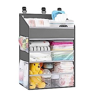 PHOTOONE Hanging Diaper Caddy Organizer - Crib Organizer–Spacious Baby Girl/Boy Diaper Organizer for Changing Table, Playpen, Wall- Hold 90+ Diapers- Nursery Baby Essentials Storage for Newborn, Gray