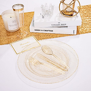 WDF 120PCS Gold Plastic Plates- Disposable Gold Glitter Plates, Premium Heavy Duty 60-10.25" Dinner Plates and 60-7.5" Salad Plates for Parties &Wedding