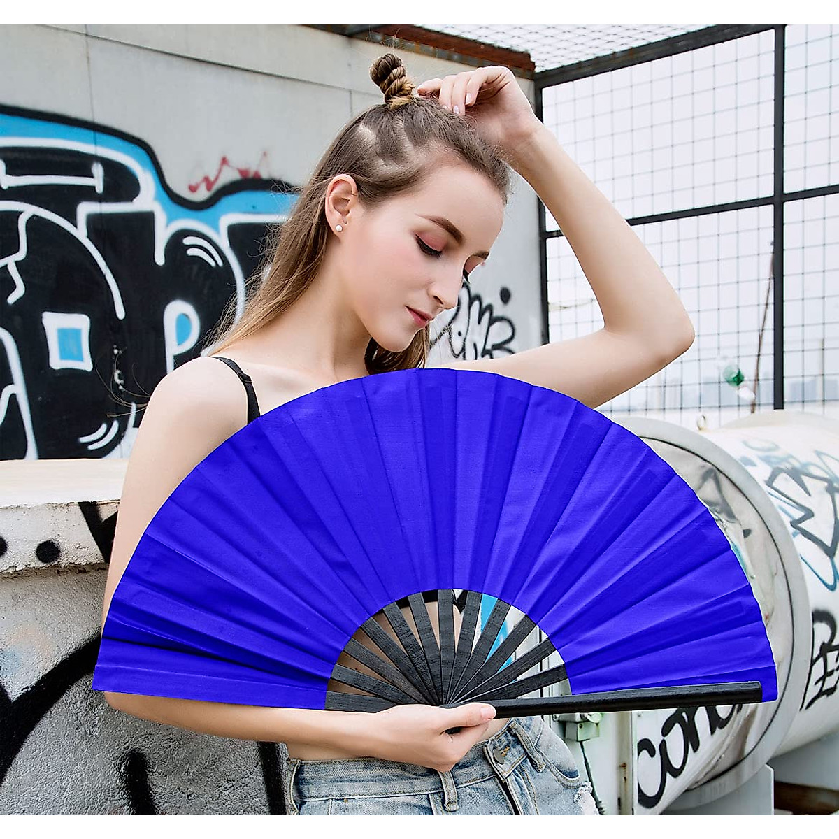 Amajiji Large Folding Hand Rave Fan for Women/Men, Chinease/Japanese Bamboo and Nylon-Cloth Folding Hand Fan for Performance, Festival, Events, Gift, Craft, Dance, Decorations (Blue)