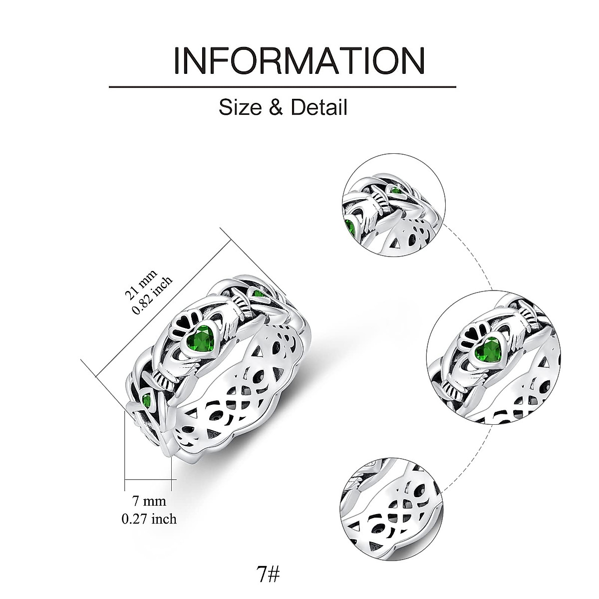 Seiyang Claddagh Ring for Women Sterling Silver Claddagh Birthstone Ring Irish band (Emerald, 7)