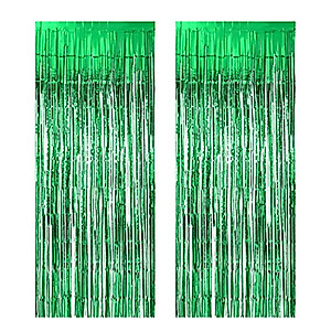 Muhome Green Foil Fringe Curtain, 2PCS 3.28FT x 8.2FT Tinsel Door Curtains & 1 Masking Tape Green Fringe Backdrop for St. Patrick's Day Wedding Kids Dinosaur Birthday Party Decorations