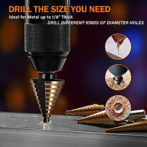 KENDO 5PCS Step Drill Bits with Automatic Center Punch - Black and Gold, High Speed Steel Unibit Step Drill Bit Set, Total 50 Sizes HSS Titanium Step Bits for Metal, DIY Lovers with Aluminum Case