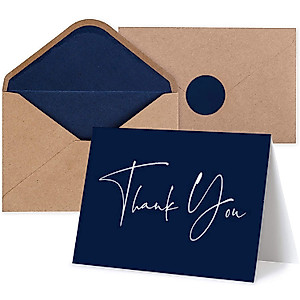120 Classy Navy Blue Thank You Cards Bulk- professional Thank U Greeting Notes, Blank Inside with matching Brown Kraft Envelopes & Stickers Perfect for Wedding, Business,Graduation & Much More.