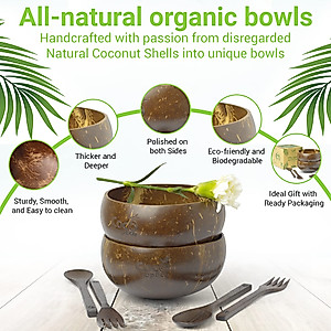 Coco TropEco Coconut Bowl Set of 4 - Handmade Bowls From Natural Coconut Shells + Wooden Spoons + Wood Forks and Bamboo Straws – Buddha Bowls Ideal for Acai Smoothie, Salad or Cereal – Polished –