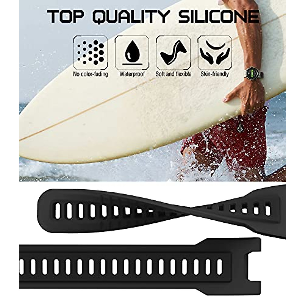 MoKo Sport Strap Compatible with Huami Amazfit T-Rex/T-Rex Pro, Soft Silicone Watch Band Adjustable Wristband Replacement Watchband with Tools, Black