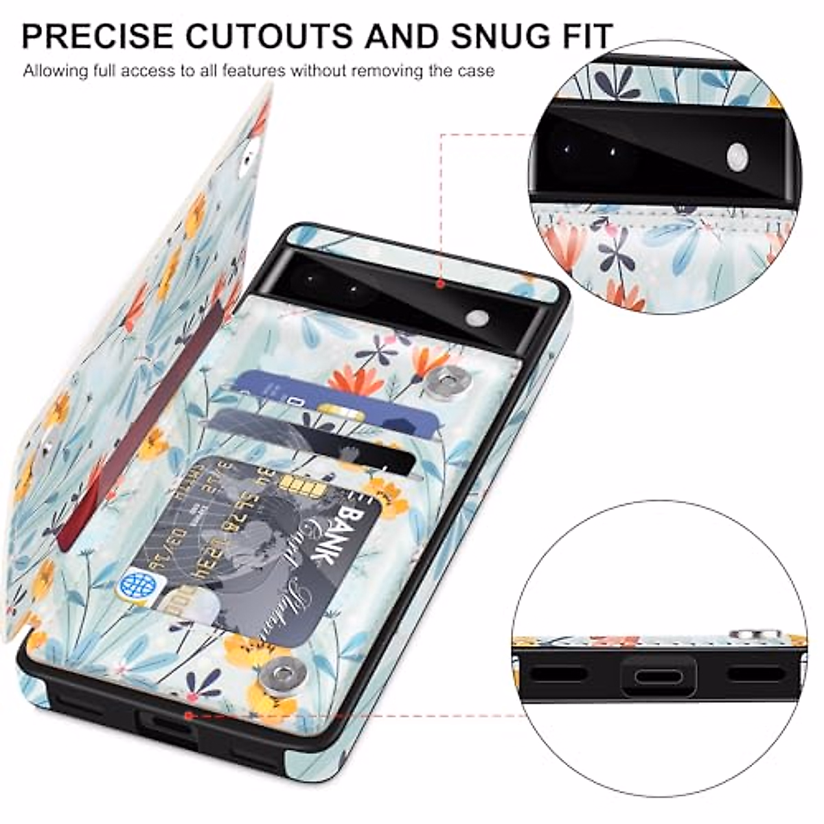 Bizzib for Google Pixel 6A Case Leather Wallet with Card Holder, Flip Cover Kickstand Magnetic Closure Shockproof Heavy Duty Protective Case for Google Pixel 6A,Yellow Floral